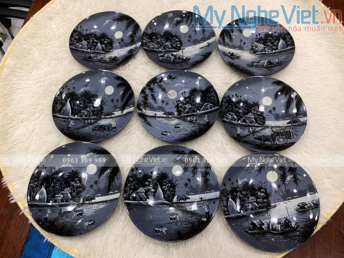 Tranh Đĩa Đồng Quê trắng đen D20cm